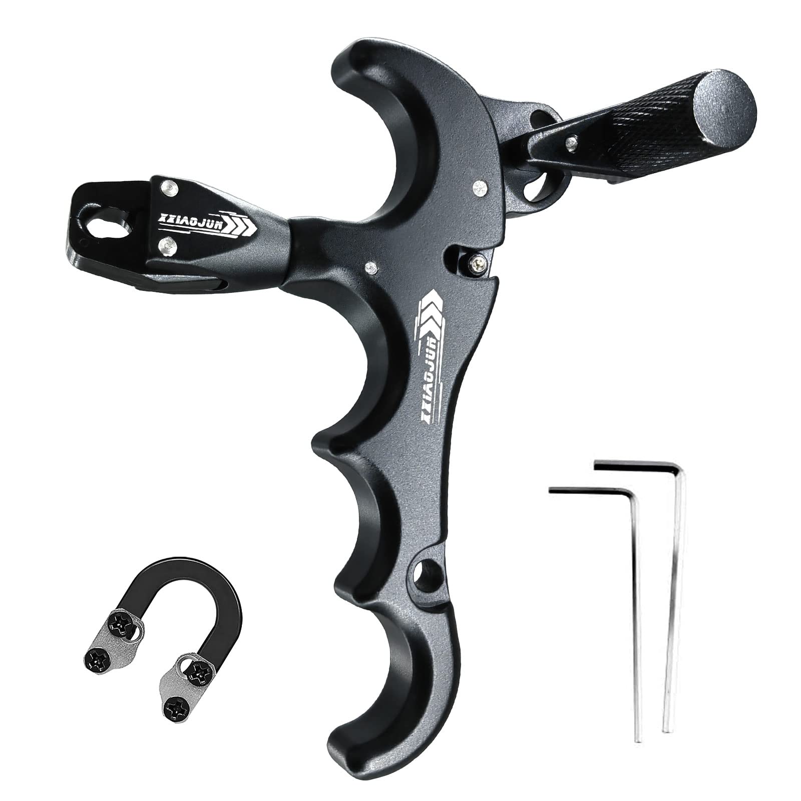 xxiaojun Compound Bow Aid Releaser and D Loop Rope,Adjustable Can Rotate 360° Thumb Release Bow Aluminum Alloy Aids,Archery Release Aids (4 Fingers-Bow Release -Black)