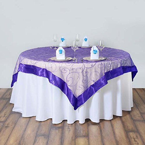 TABLECLOTHSFACTORY Purple Organza Embroidered Table Overlay 85"x85" (Table Toppers)