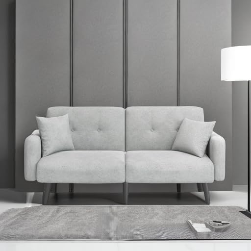 Vesgantti Sofa Bed, 74 inch Futon Couch Bed, Adjustable Split Backrest, Modern Fabric Sleeper Bed w/2 Pillows, 2 Seater Loveseat Sofas for Living Room, Guest Room, Bedroon, Office, Light Grey