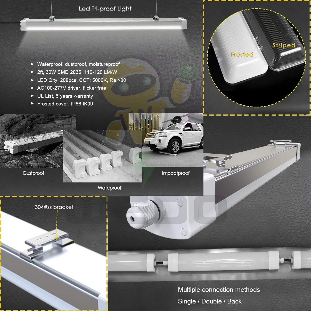 WeDo 30 Watt LED Vapor Tight Light Fixture 2FT Tri-Proof Working Lights for Workbench, Warehouse, Wet Location, Cold Storage, Garage, 1 Pack