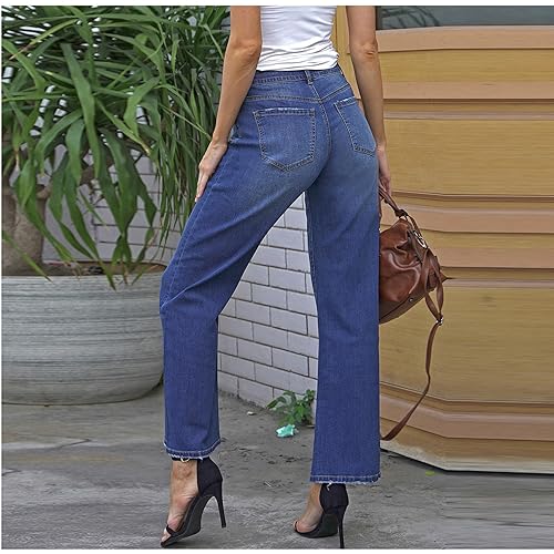 vet-ixioh Womens Bell Bottom Jeans Button Waist Flared Jean Pants Classic Basics Bootcut Denim Pants Slim Trousers Blue