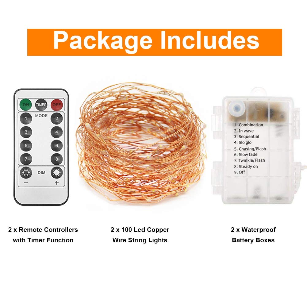 Twinkle Star 2 Set Christmas Fairy Lights Battery Operated, 33ft 100 Led String Lights Remote Control Timer Twinkle String Lights 8 Modes Firefly Lights for Garden Party Indoor Decor, Warm White