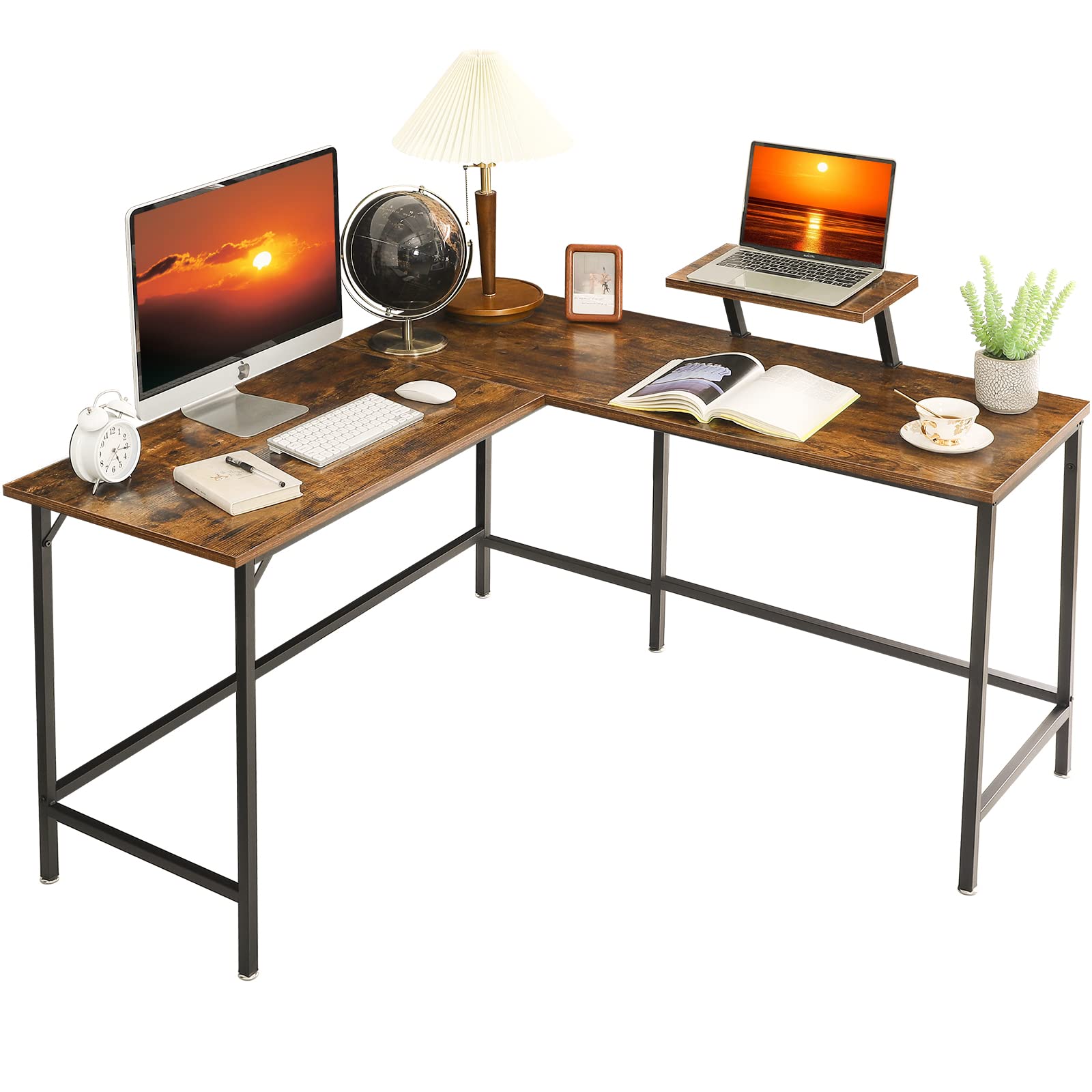 YMYNY L Shaped Computer Desk, Industrial Corner Table for Home Office, PC Laptop Workstation, Study Writing Gaming Table with Monitor Stand, Easy to Assemble, Rustic Brown