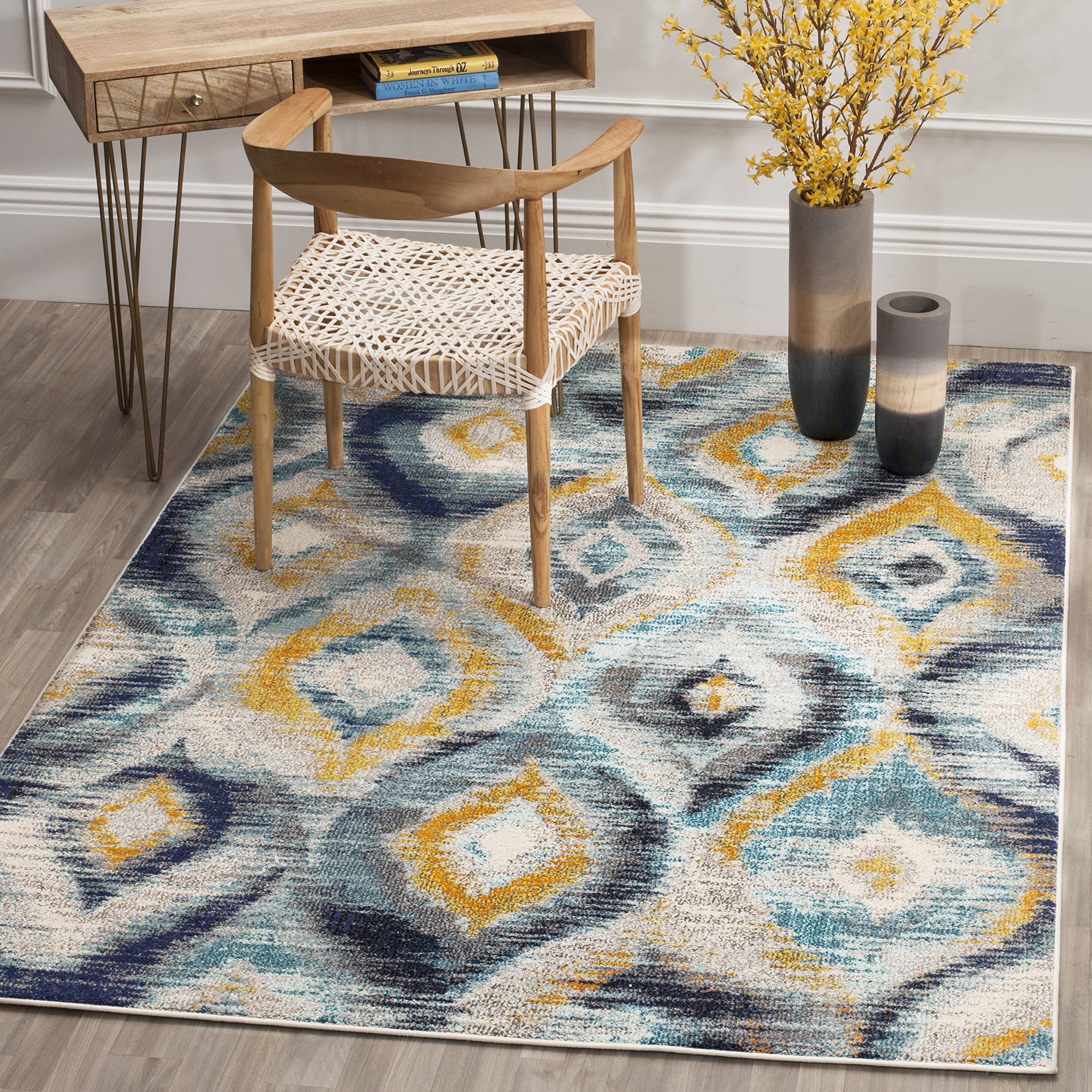 SAFAVIEH Monaco Collection Area Rug - 8' x 10', Blue & Multi, Ogee Trellis Watercolor Distressed Design, Non-Shedding & Easy Care, Ideal for High Traffic Areas in Living Room, Bedroom (MNC242J)