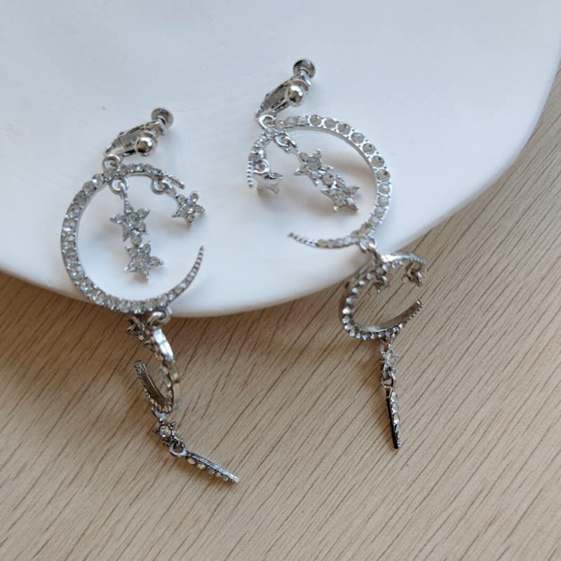 Usresu Clip on Earrings Vintage Star Moon Tassels Dangle Rhinestone Silver-tone Plated