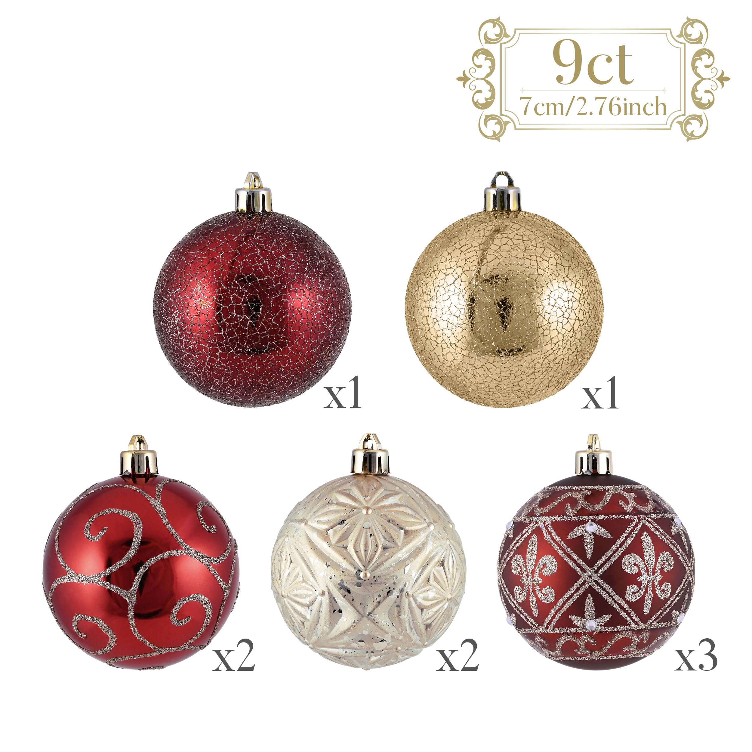 Valery Madelyn Christmas Ball Ornaments, 9ct Red and Gold Shatterproof Christmas Tree Decorations Set, 2.76 Inches Luxury Hanging Ornaments for Xmas Trees Bulk Holiday Decor