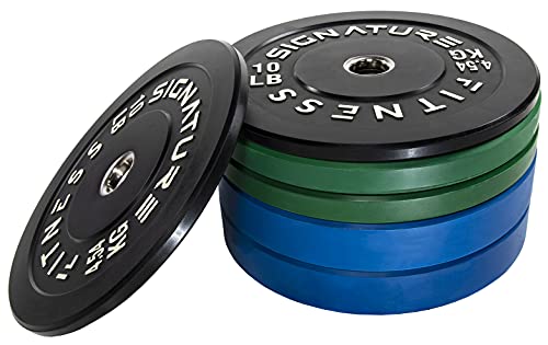 Signature Fitness 2" Olympic Bumper Plate Weight Plates with 7FT Olympic Barbell, 160LB Set with 7FT Barbell, Colored
