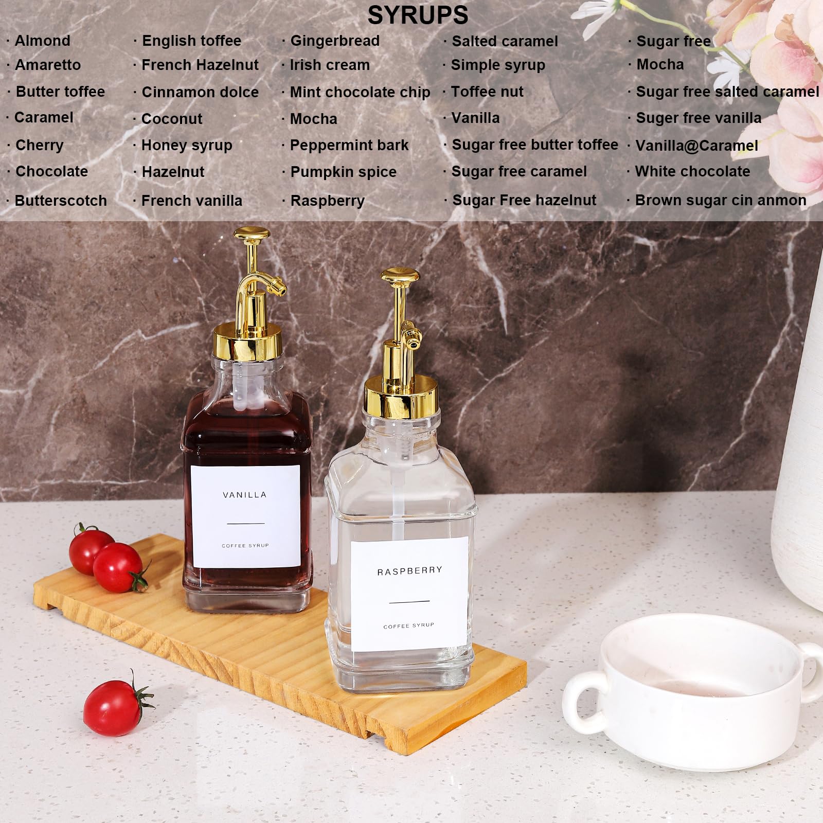 YCOCO Coffee Syrup Pump Dispenser,2 Pack Coffee Syrup Dispenser for Coffee Bar Accessories,Glass Syrup Bottles with Gold Pumps and Labels,16.9 oz 500ml Simple Syrup Dispenser