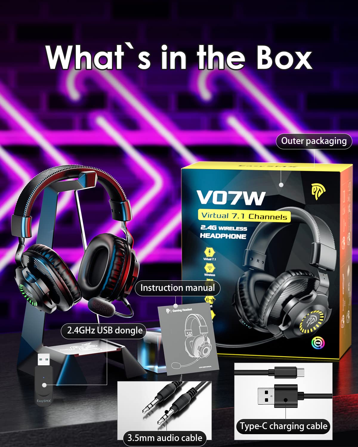 Wireless Gaming Headset with Microphone for PC PS4 PS5 PlayStation 4 5, Over Ear Noise Cancelling 2.4G & Bluetooth Wireless Gaming Headphones, RGB Lighting, 3.5mm Wired for 【Xbox One】【V07W PRO】