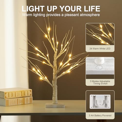 YEAHOME 2FT/24β Birch Tree Light with 24LT Warm White LEDs Battery Powered Timer for Christmas Decorations Indoor, Money Trees for Winter Wedding Desk Table Top Mantel Home Easter Decor