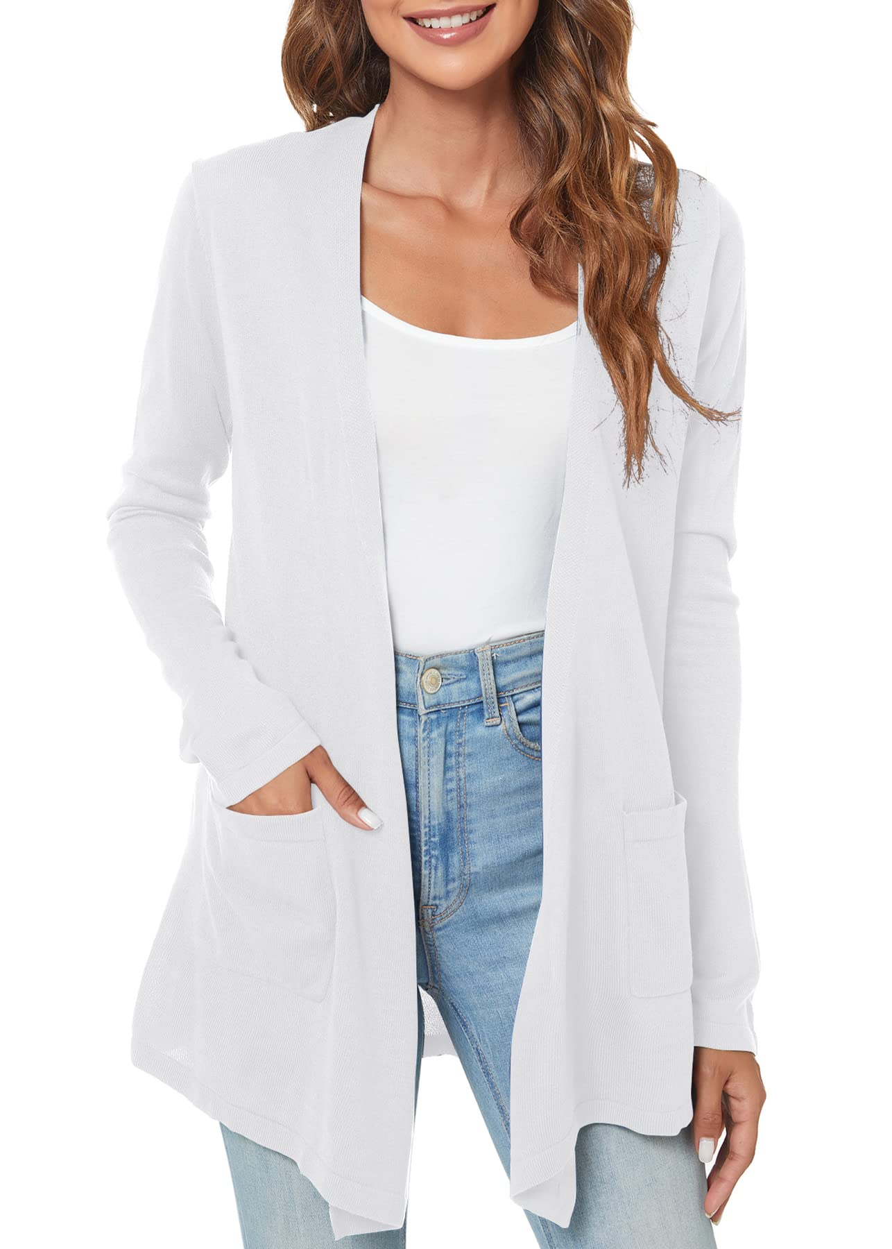 Urban CoCo Women's Long Sleeve Open Front Lightweight Cardigan Sweaters with Pockets (XL, White)