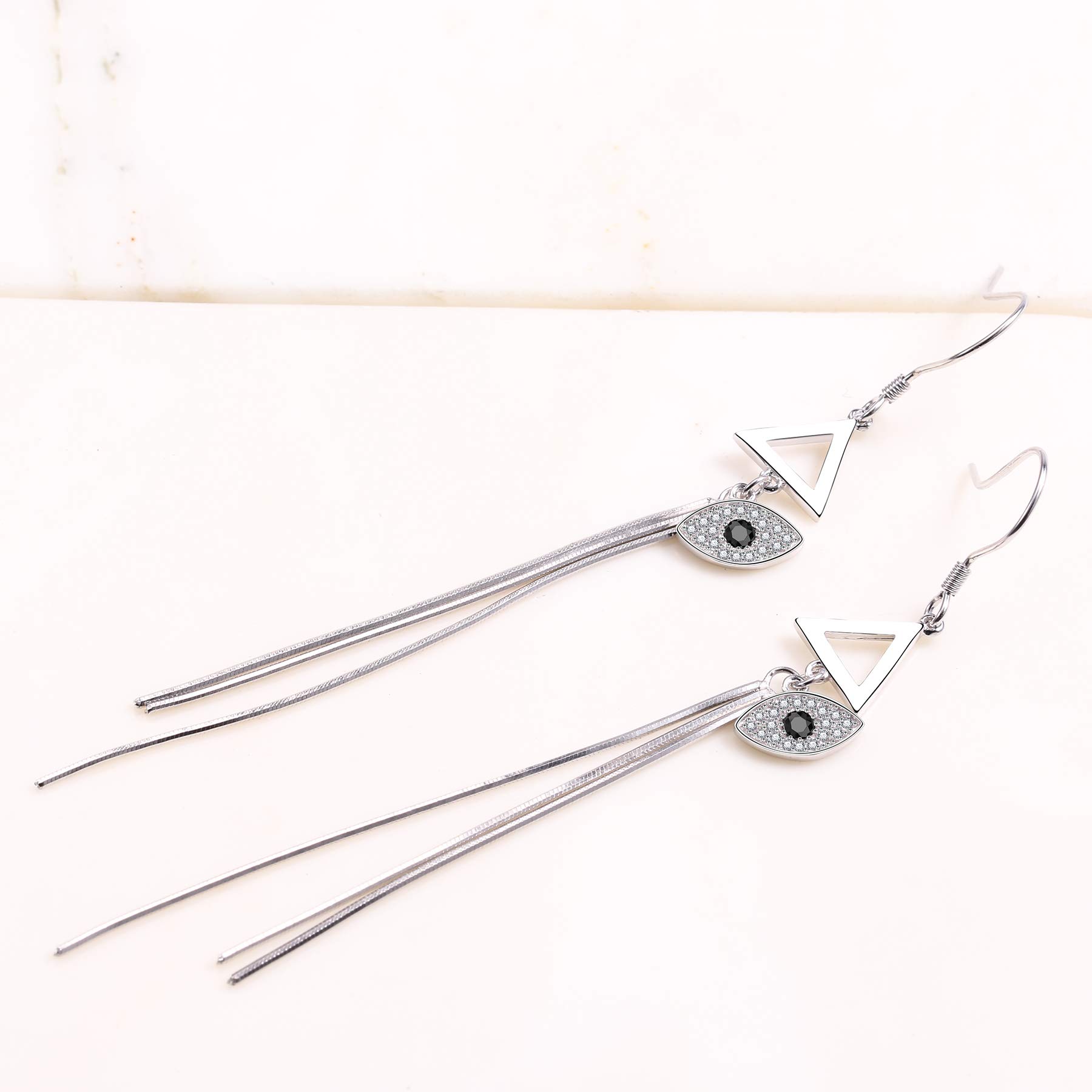 S925 Sterling Silver Evil Eye Drop Dangle Long Tassel Earrings for Women Girl