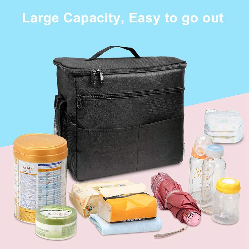 XBERSTAR Parents Organizer Bag,Universal Fit for All Baby Storage Multiple Pockets Zipper,Carrying Bottles,Diapers,Toys and Snacks (Black)
