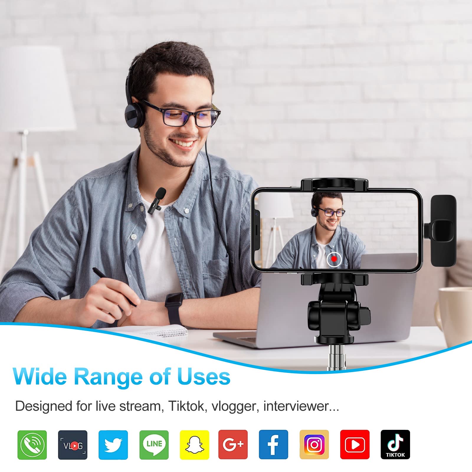 Wireless Lavalier Lapel Microphone for iPhone Mini Mic with Clip Plug-Play Auto Sync Noise-Cancelling Mic for YouTube TikTok Facebook Vlog Interview Recording Without APP/Bluetooth