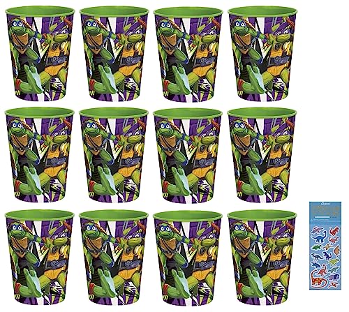 Unique TMNT Teenage Mutant Ninja Turtles Birthday Party Supplies Favor Bundle includes Plastic Reusable Favor Cups - 12 Count and 1 Dinosaur Sticker Sheet
