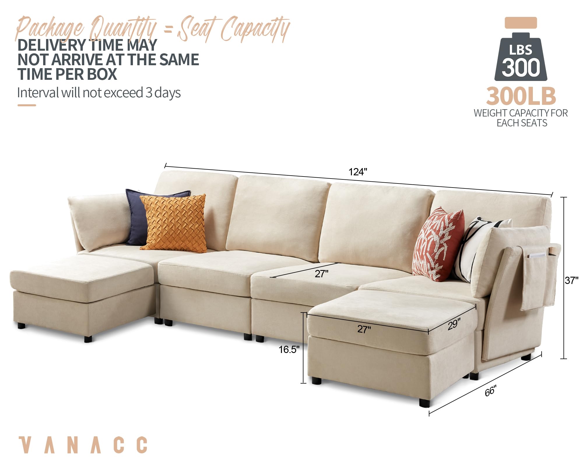 VanAcc Modular Sofa, 124 inch Oversized Sectional Sofa, 6 Seater Modular Sectional Couch with Storage, U shaped Couch for Living room, Beige