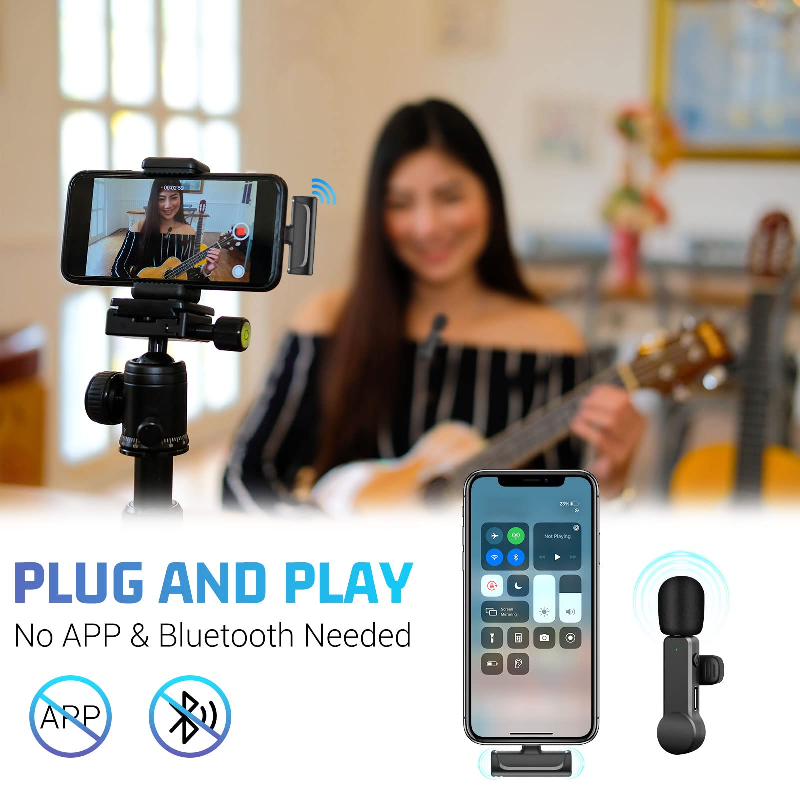 Wireless Lavalier Microphone Compatible for iPhone ipad,Plug&Play Auto-Sync Noise Canceling Wireless Clip on Microphone,Suitable for YouTube,TikTok,Video Recording,Vloggers,Facebook Live Stream