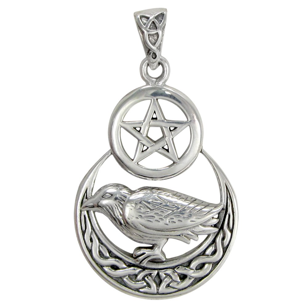 Sterling Silver Raven Crescent Moon Pentacle Pendant
