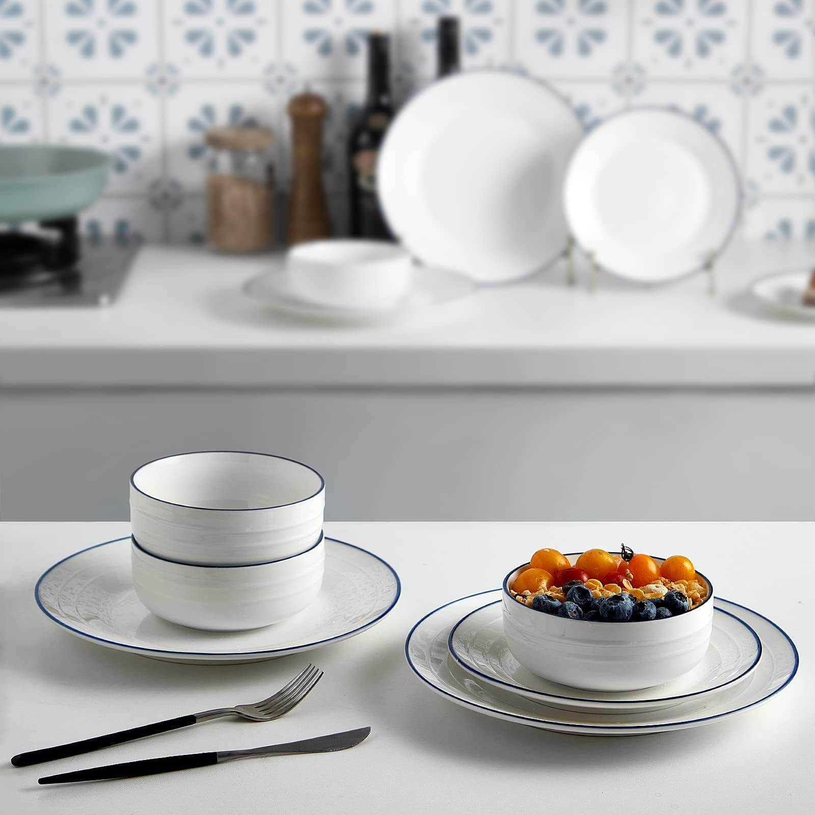 Pokini White Dinnerware Sets Service for 4, Dish Sets with Blue
