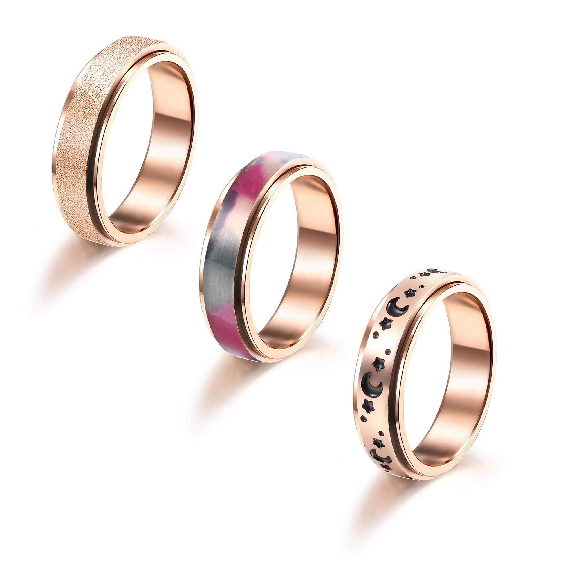YADOCA 3 Pcs 6mm Spinner Band Ring for Men Women Moon Star Celtic Stress Relieving Ring Fidget Band Ring Rose Gold Stainless Steel 8