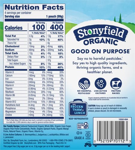 Stonyfield Organic Kids Whole Milk Yogurt Pouches 3.5 oz. Each Ct – Real Fruit Veggie, Pear Spinach Mango, (Pack of 4)