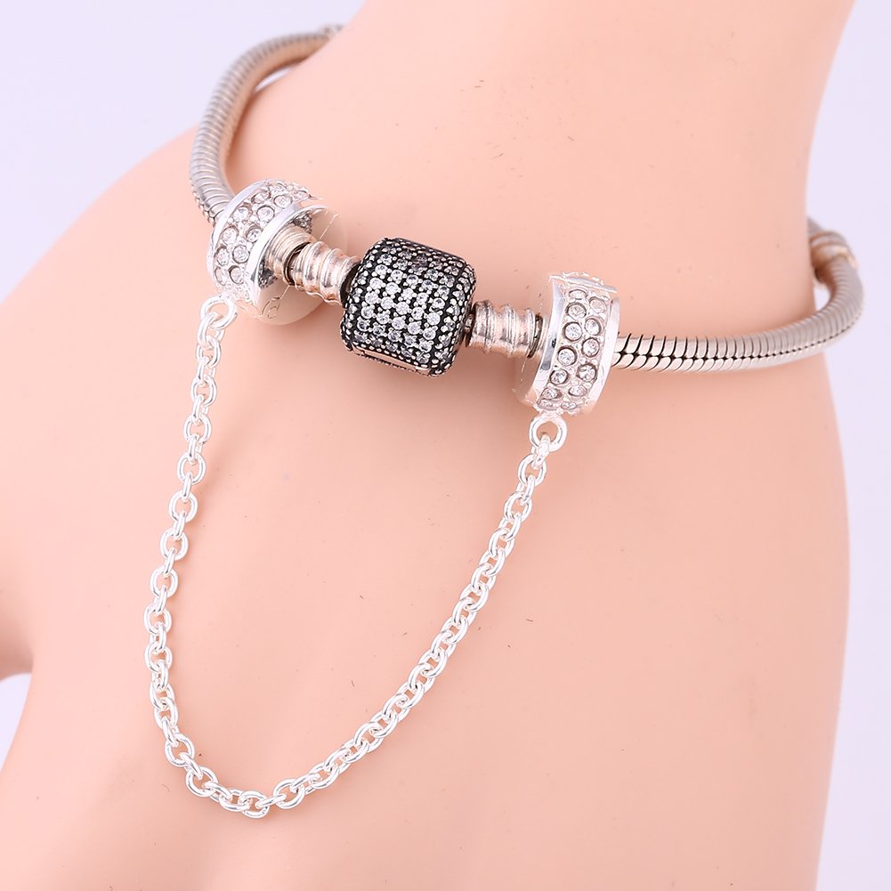 SOUKISS Clear Crystal 925 Sterling Silver Clasp Safety Chain Bead Charm for Charms Bracelet, Xmas Gifts