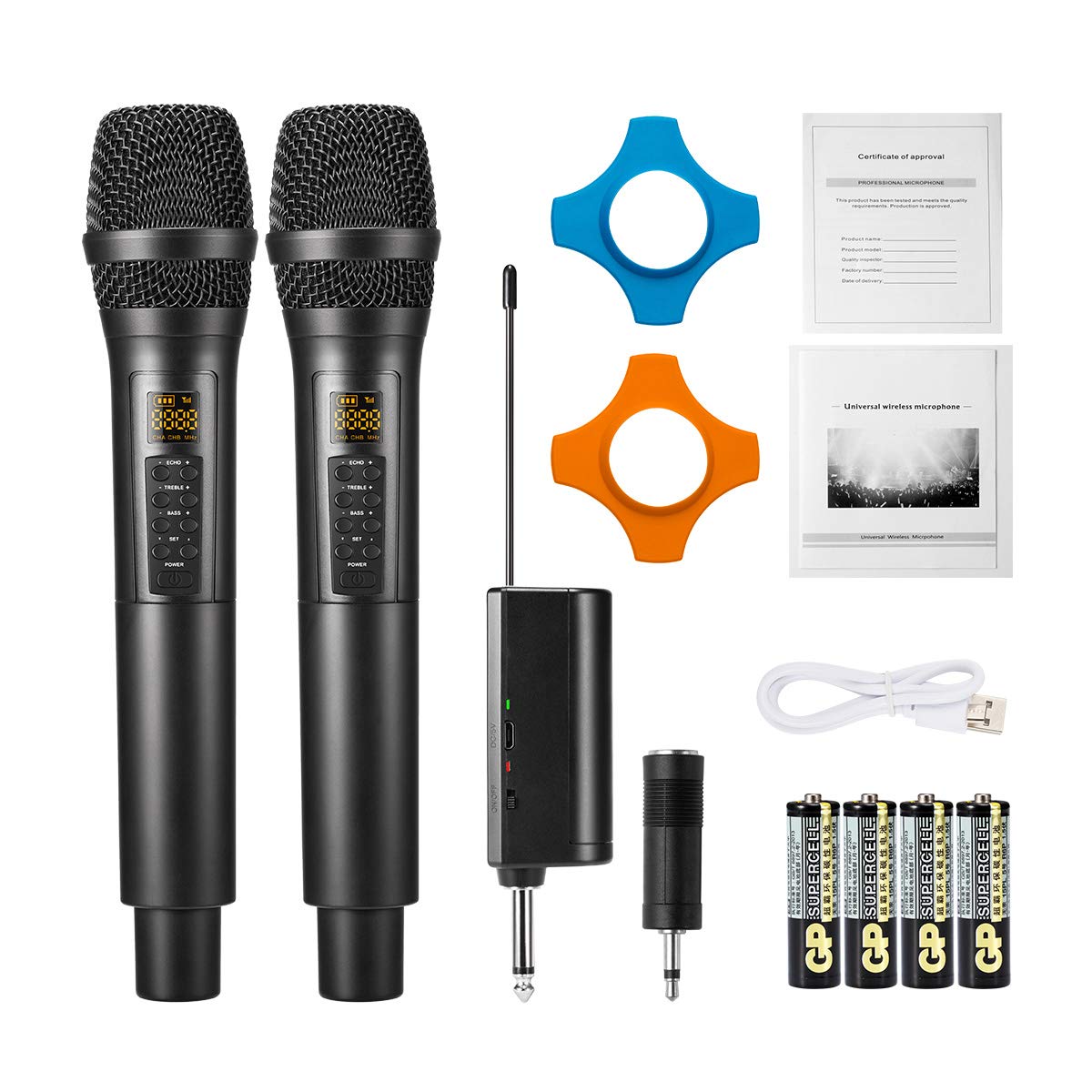 Wireless Microphone, Dual Professional UHF Cordless Dynamic Mic Handheld Microphone System with Echo/Treble/Bass, Receiver 30 Adjustable Channels, 328ft Long Range for Amplifier, DJ, Party etc.