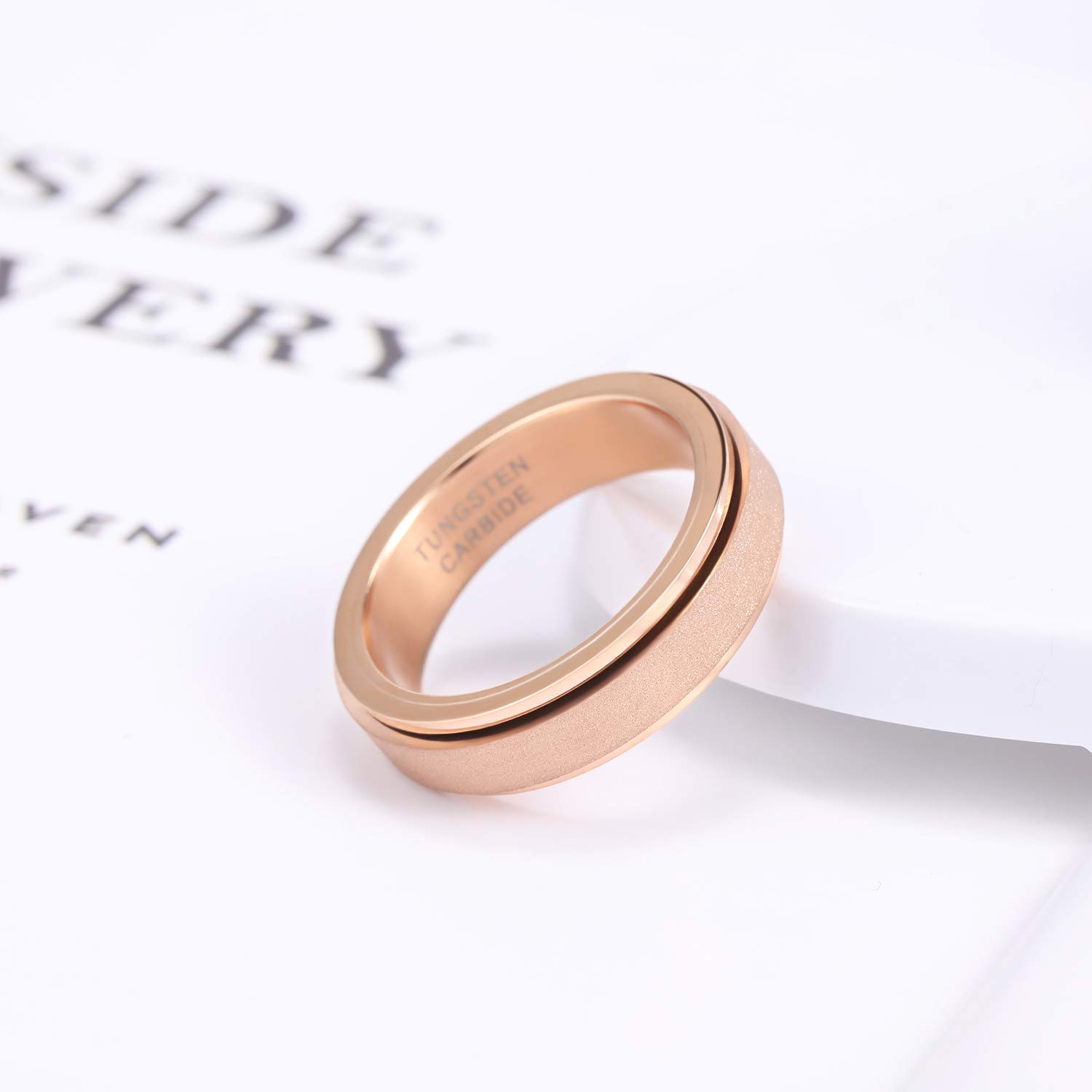 TRUMIUM 6mm Spinner Ring Women Rose Gold Tungsten Carbide and Stainless Steel Sandblasted Wedding Band Size 12