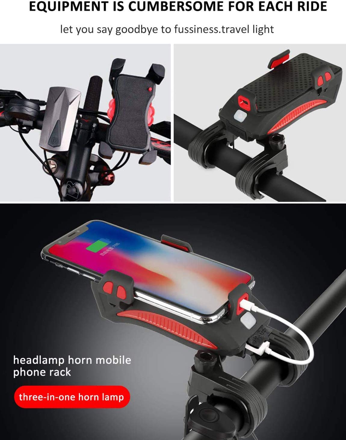 ShipXO 4-in-1 Bike Headlight,Bicycle Horn,Phone Holder,USB Rechargeable Power Bank,Waterproof Adjustable Shock-Absorbing with LED Light & Horn S10,Black