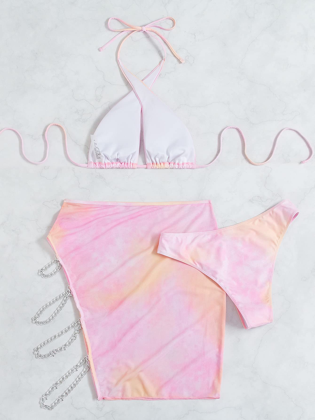 WDIRARA Women's 3 Piece Tie Dye Cut Out Criss Cross Halter Bikini Swimsuit with Chain Beach Skirt Pink M