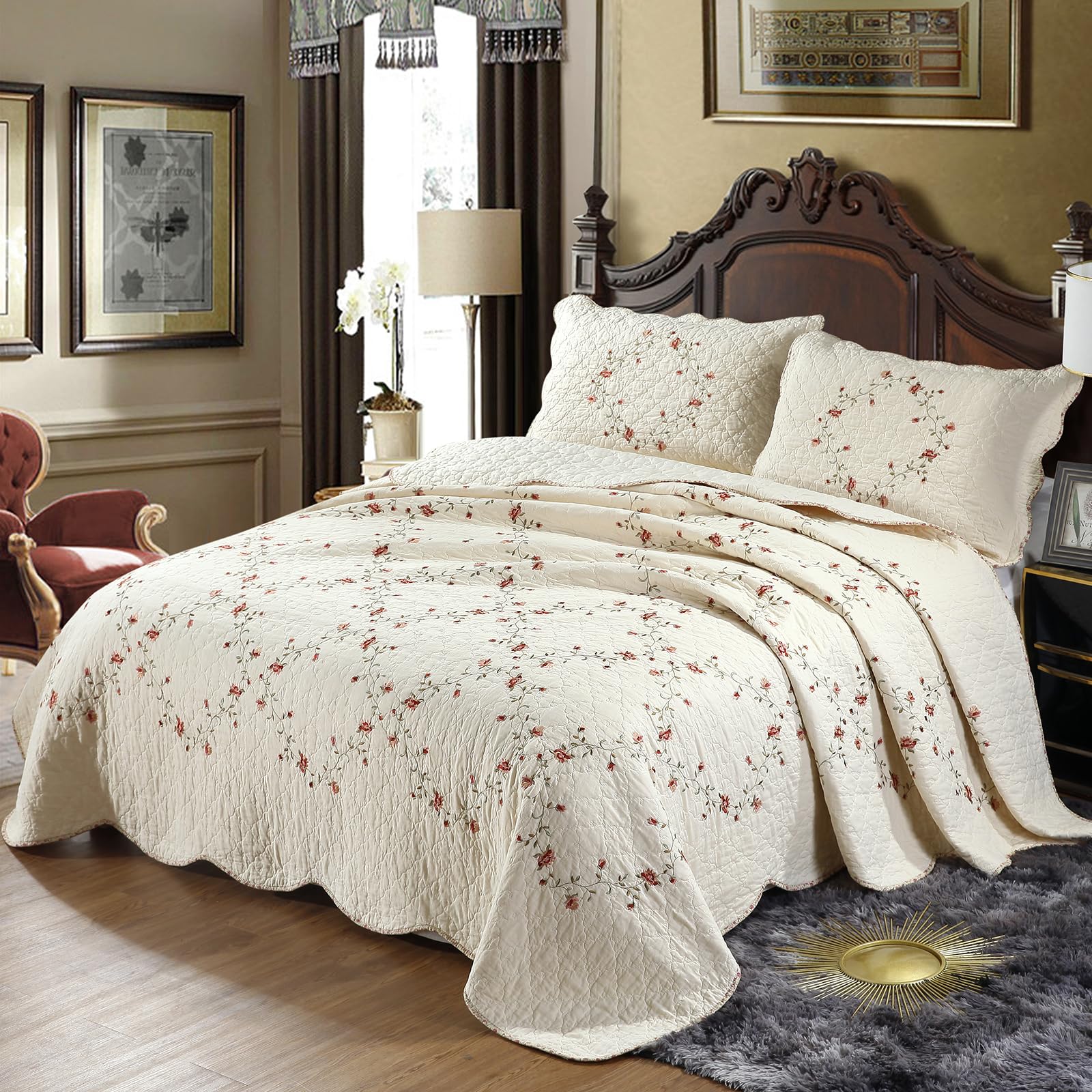 vctops 3-Piece Elegant Floral Embroidered Bedspread Coverlet Set 100% Cotton Reversible Patchwork 1 Quilt and 2 Pillow Shams Full/Queen, Flower