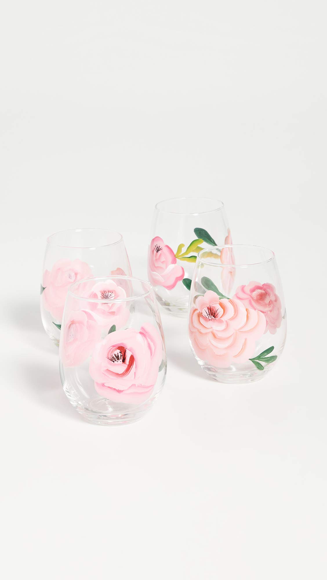 Two's Company In Full Bloom Roses Stemless Wine Glass, Set of 4, Hand-Painted