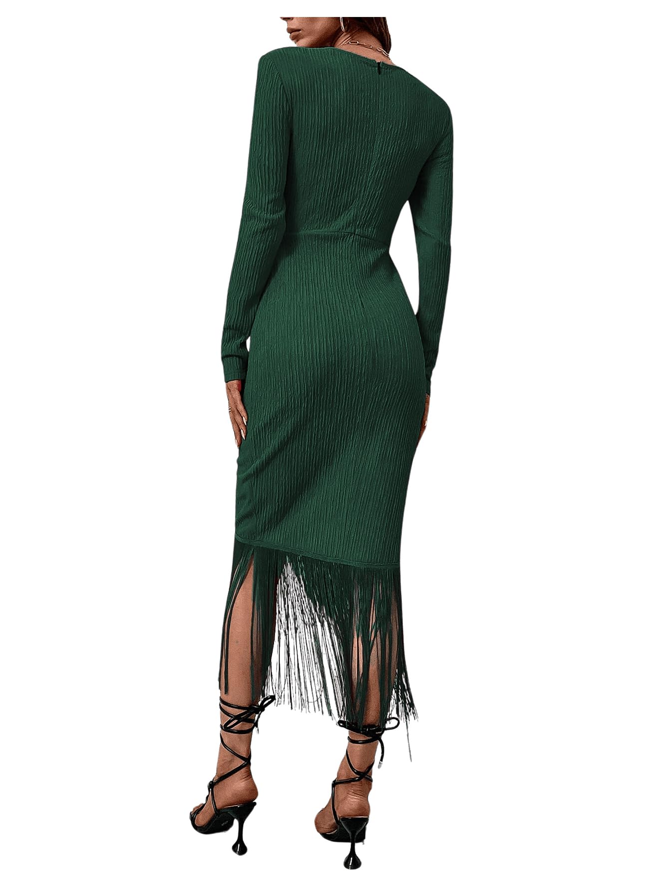 WDIRARA Women's Fringe Wrap Ruched V Neck Long Sleeve Solid Bodycon Party Maxi Dress Dark Green XL