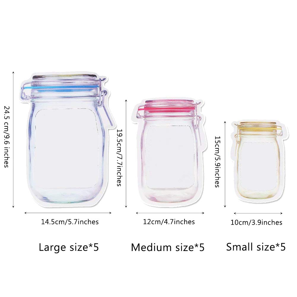 Vos Risus 30 Pcs Mason Jar Bottle Pattern Zipper Airtight Seal Bags Reusable Portable Food Snack Saver Storage Bags for Travel Picnic Camping
