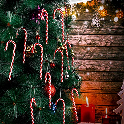 Skylety 50 Piece Christmas Crutch Plastic Candy Cane Hanging Ornaments Christmas Cane Accessories Hanging with Rope for Christmas Party