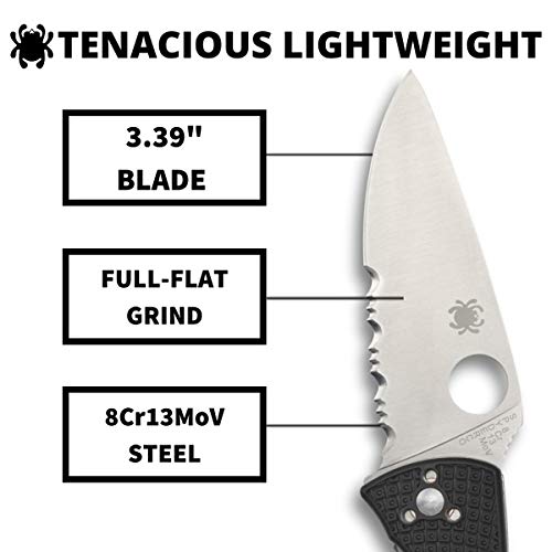 Spyderco Tenacious Lightweight Folding Utility Pocket Knife with 3.39" Stainless Steel Blade and Black FRN Handle - Everyday Carry - CombinationEdge - C122PSBK