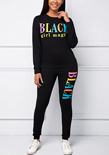 Wuitrie Women's 2 Piece Tracksuit Long Sleeve Pullover Letter Print Top and Long Pant Outfits Black L