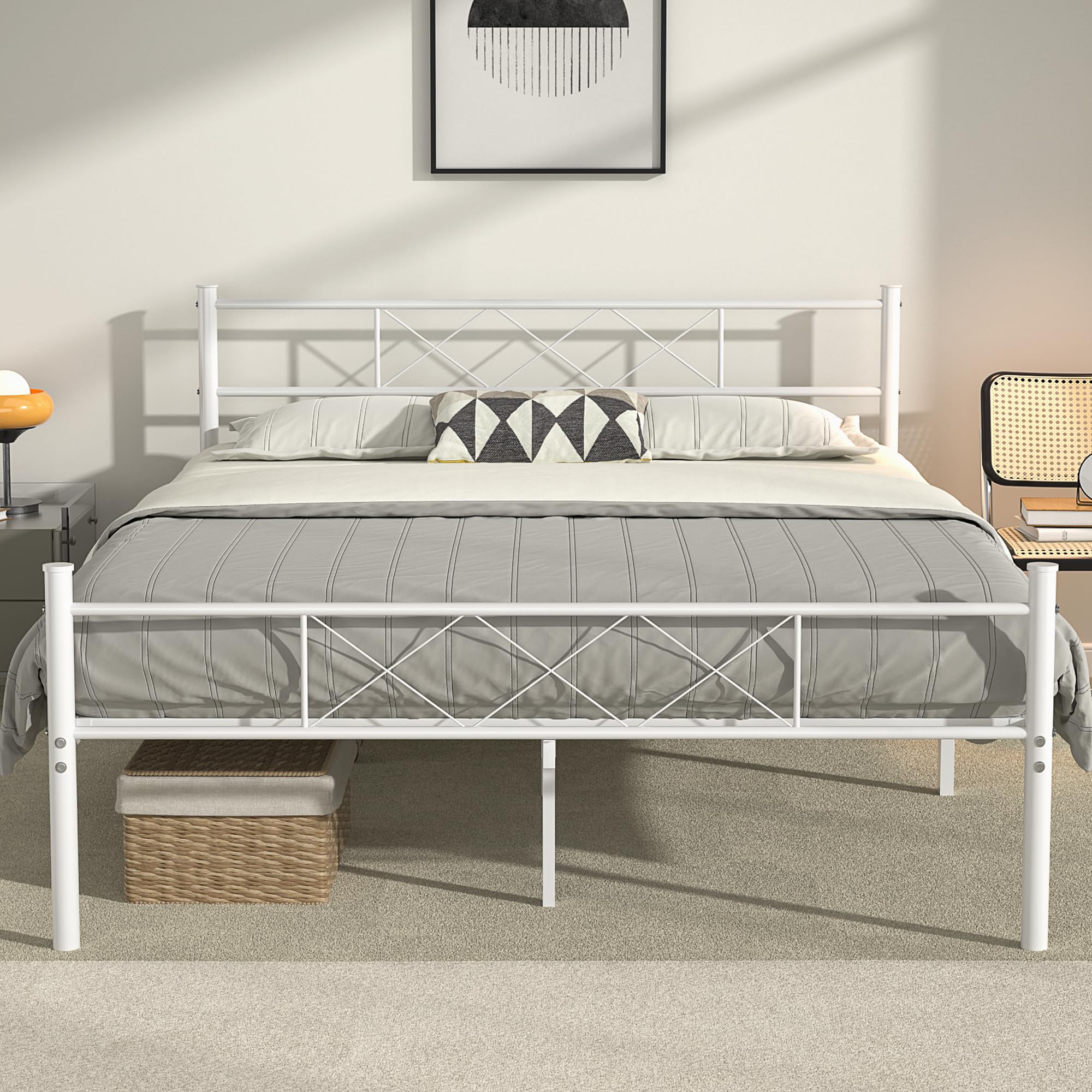 VECELO Full Size Platform Bed Frame with Headboard and Footboard, Heavy-Duty Mattress Foundation with Steel Slats Support, No Box Spring Needed/Easy Assembly, Pure White