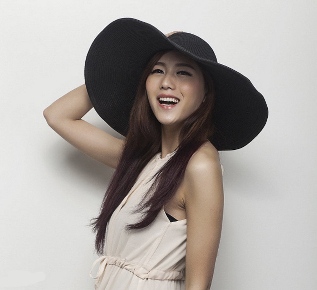 Women's Ridge Wide Floppy Brim Summer Beach Sun Hat Straw Cap Party Garden Travel (Black)