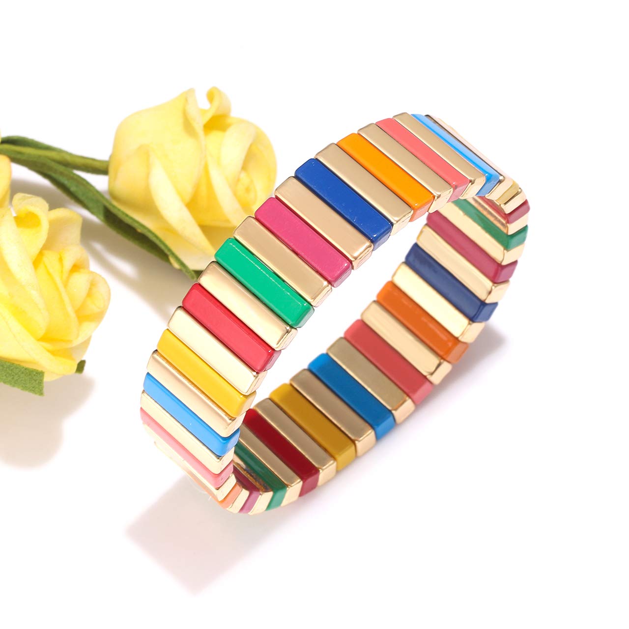 YAHPERN Enamel Tile Bracelet Set Multicolor Rainbow Tila Elastic Stretch Bracelets Bohemian Colorblocks Beaded Stackable Bangle Bracelet For Woman (Style: A)