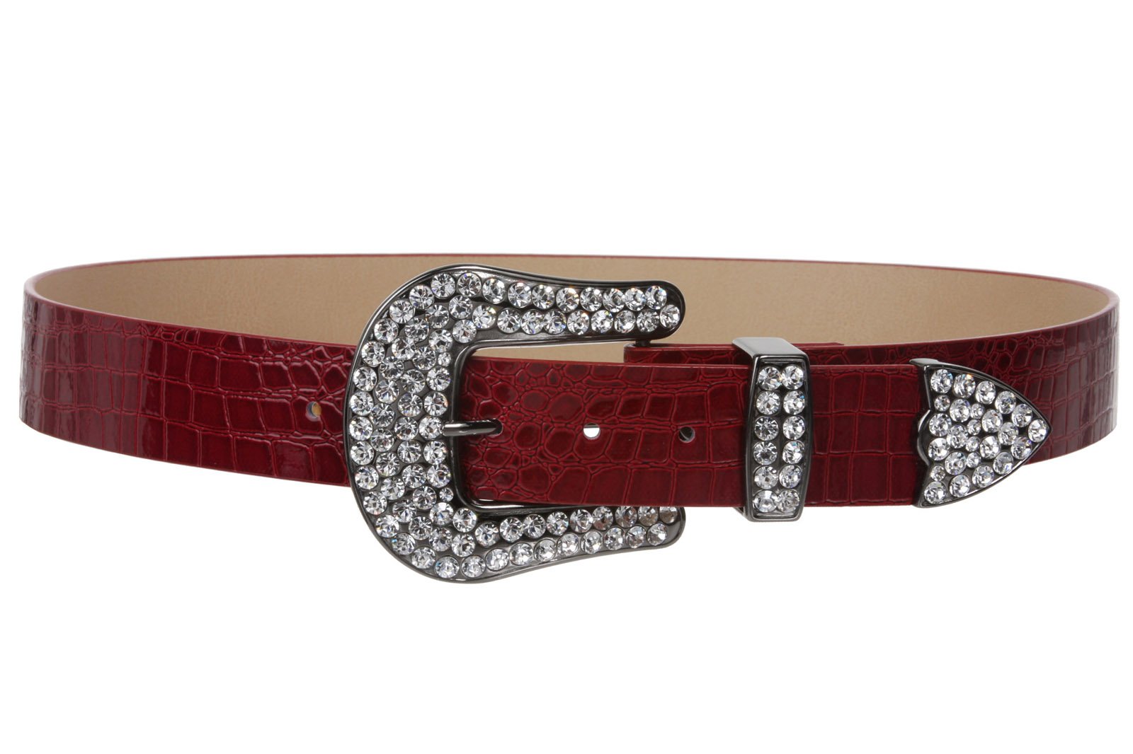 Women's Snap On Western Faux Crocodile Print Rhinestone Belt, Red | M/L - 36"