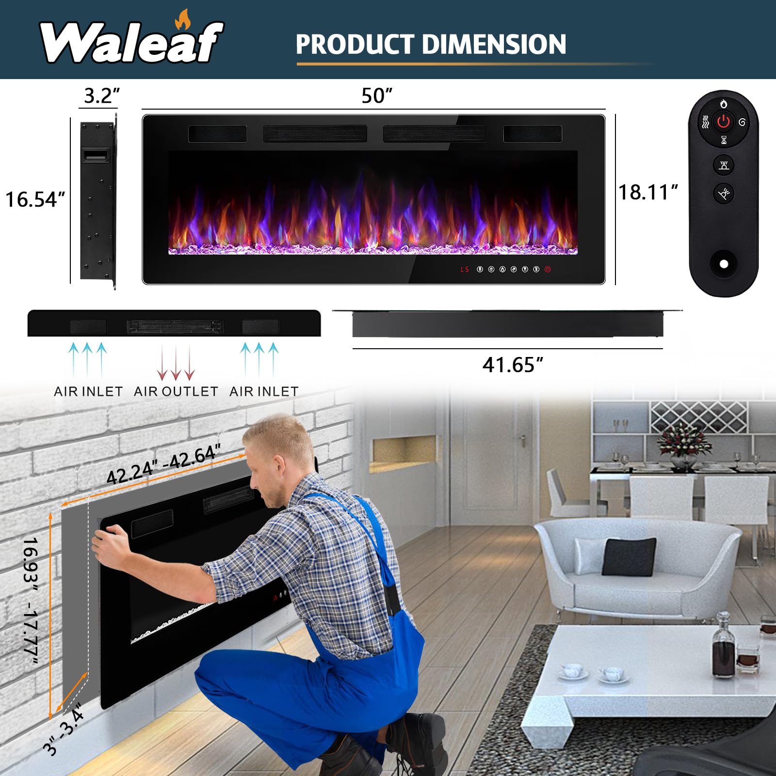 Waleaf 50 inch Ultra-Thin Electric Fireplace Wall Mounted/Recessed,Fireplace Heater with Multicolor Flame,Timer Low Noise 750/1500W,with Remote Control Touch Screen