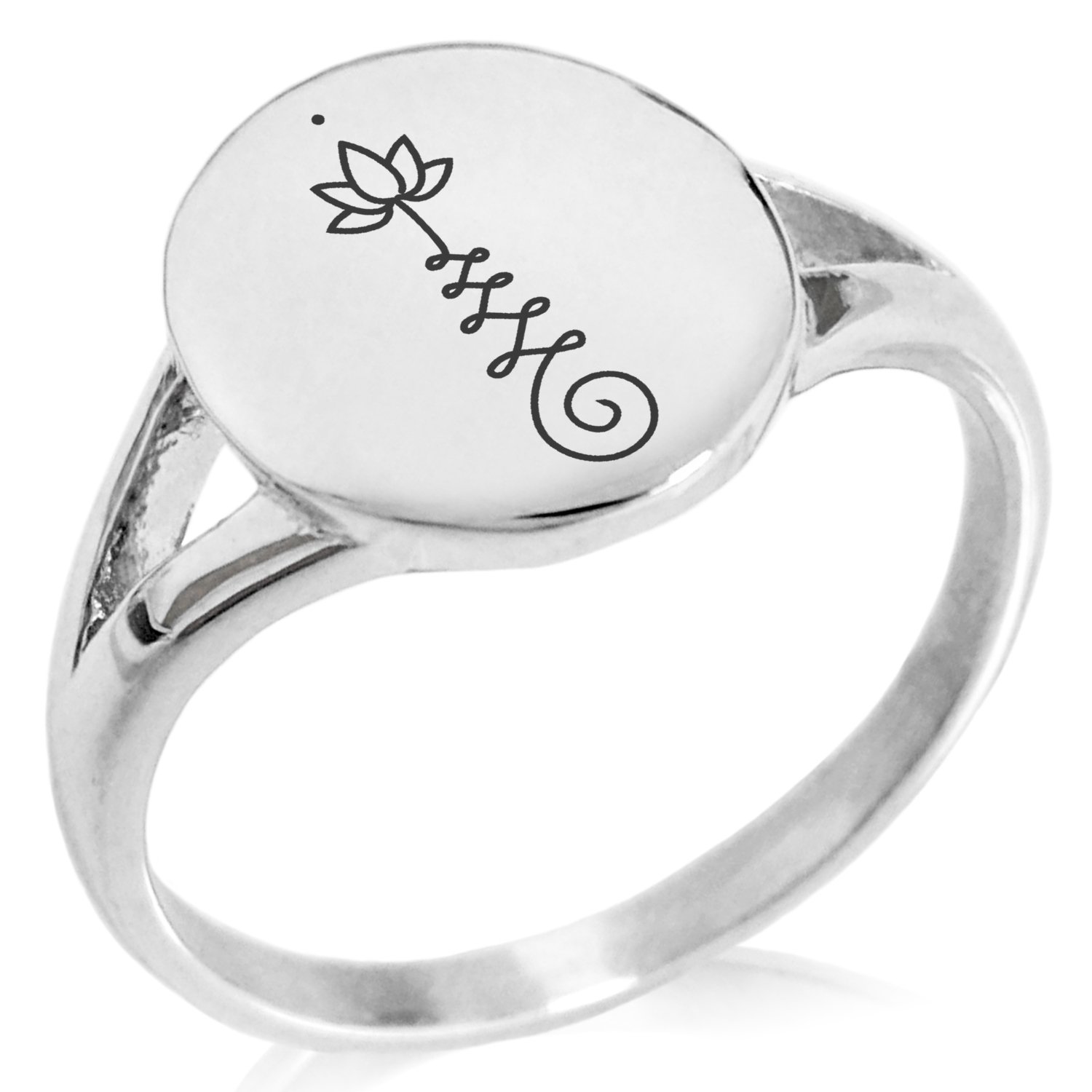 Tioneer Stainless Steel Sacred Lotus Unalome Symbol Minimalist Oval Top Polished Statement Ring, Size 7