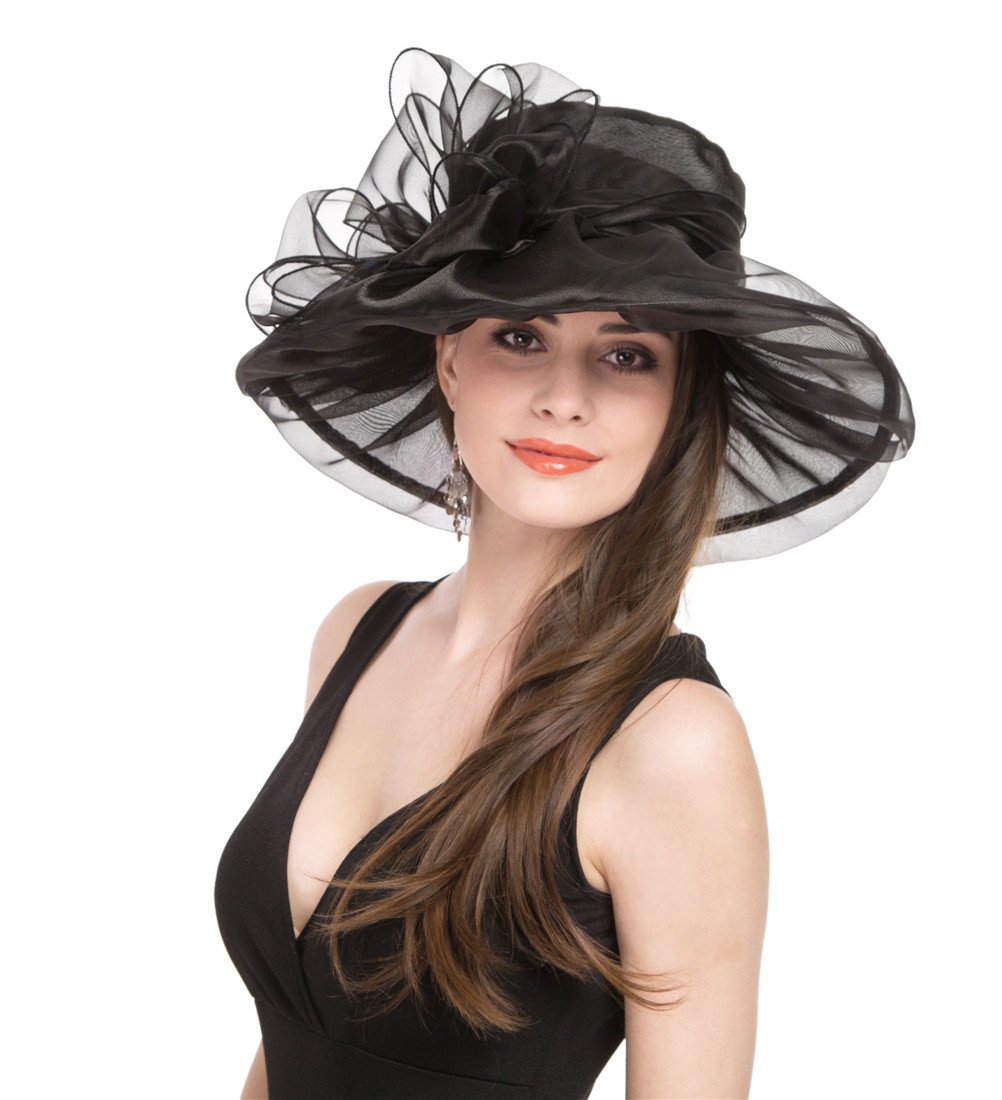 Women's Organza Church Kentucky Derby British Fascinator Bridal Tea Party Wedding Hat Summer Ruffles Cap(H5-Black Bowknot)