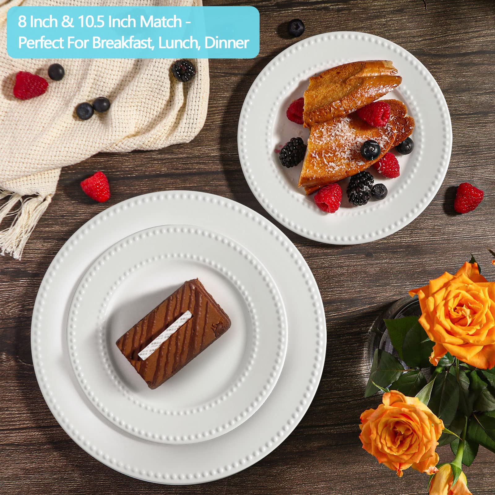 Wareland Bright White Embossed Dots Square Dessert Plates Set of 6 & 8 inch Embossed Salad Plates Set of 4