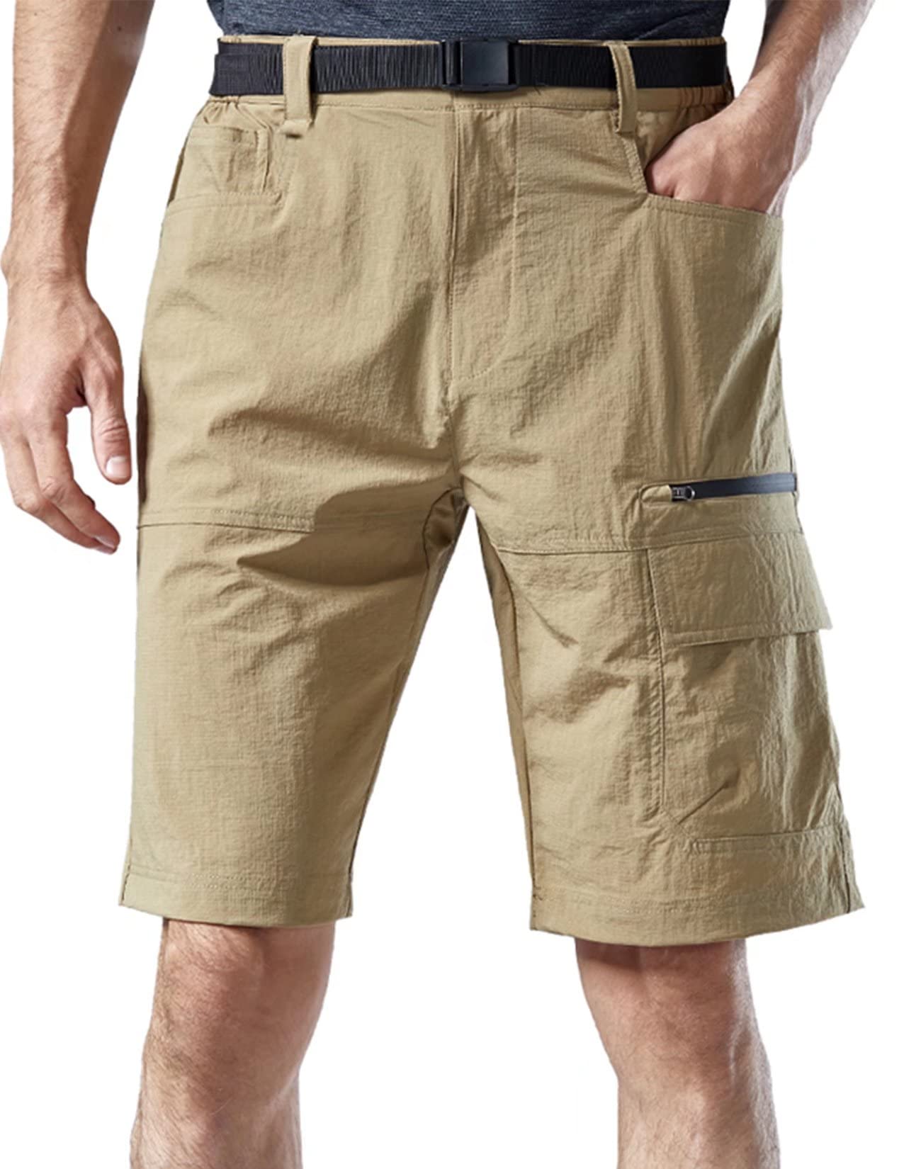 VtuAOL Outdoor Lightweight Cargo Shorts Quick Dry Shorts Zipper Pockets for Men Khaki US 32