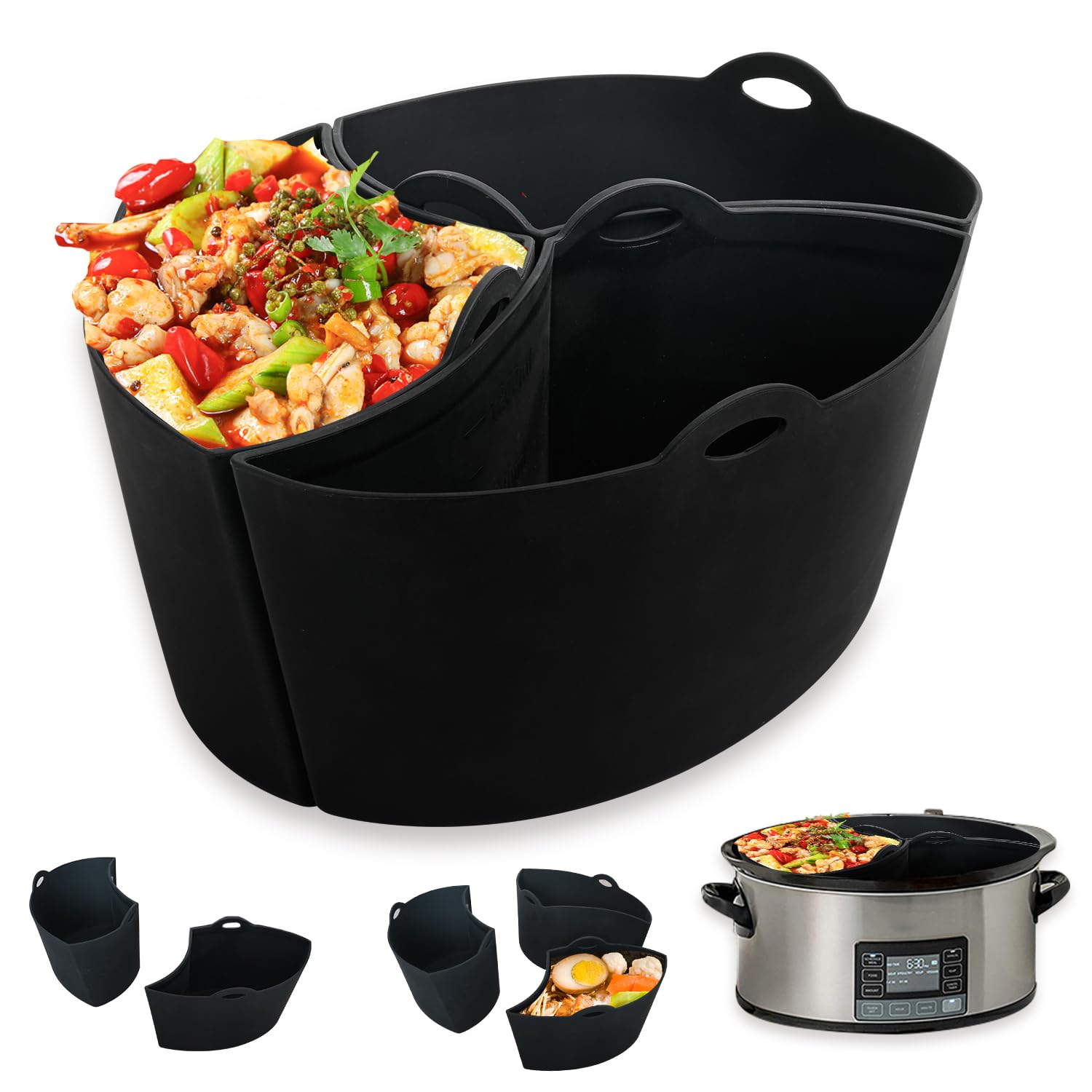 YSF Silicone Slow Cooker Liners, Reusable 3 Divider Inserts, Fits Crock-pot Oval 7 QT 3-in-1 Slow Cooking, Leakproof, Dishwasher Safe, Food-Grade BPA Free, 7 Quart Cook Three Dishes at Once (Black)