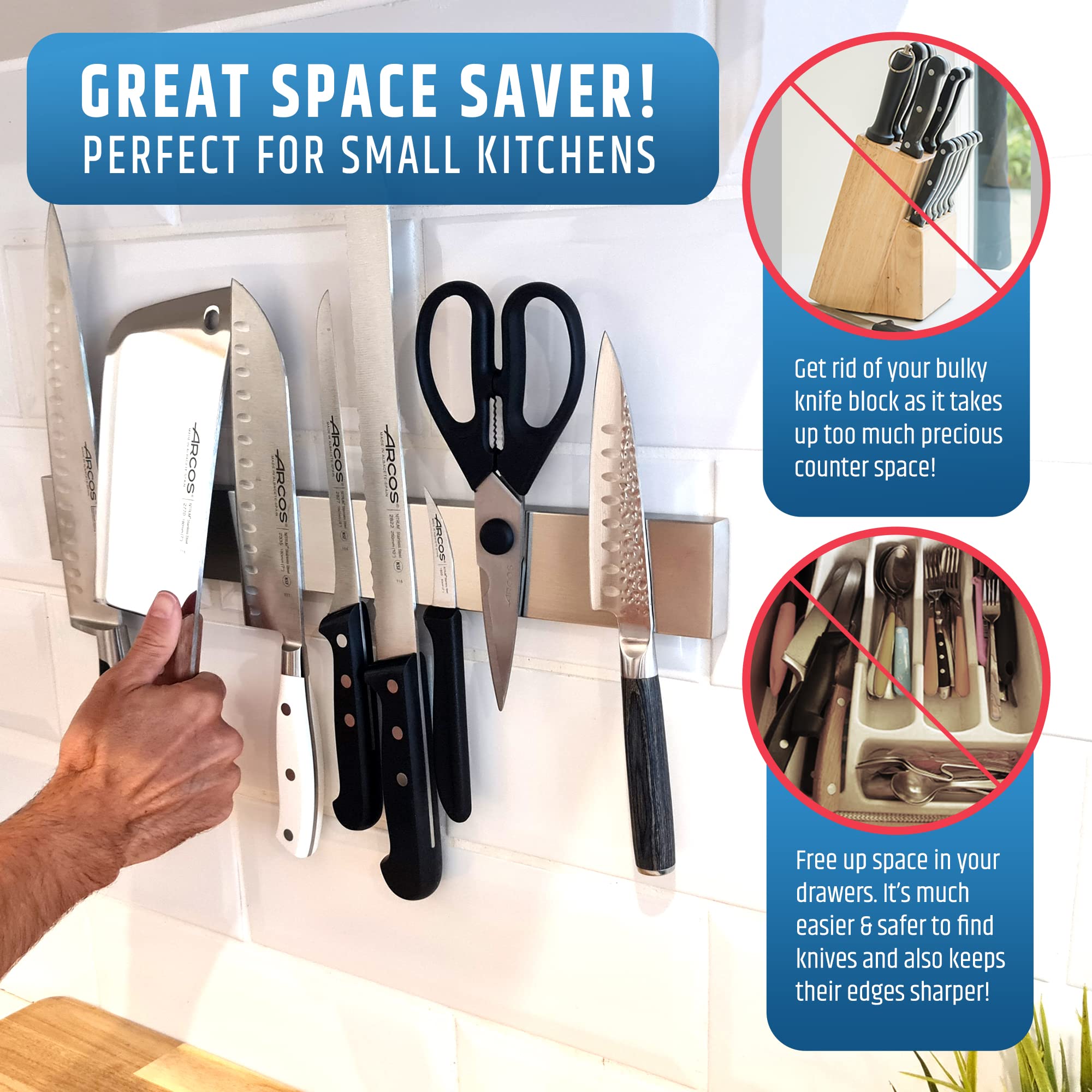 Strong Adhesive (No Drill) Magnetic Knife Holder for Wall - Professional 17 Inch Knife Strip - No Screws Needed - Adhesive Backing - Stainless Steel Knife Bar (Upgraded Version β Will Not Fall)