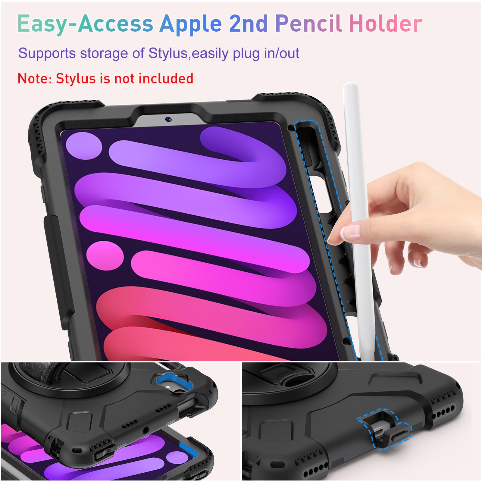 SUPFIVES Case for iPad Mini 6 2021: iPad Mini 6th Generation Case 8.3 Inch Military Grade Shockproof Protector Silicone Cover with Pencil Holder - Kickstand - Handle - Shoulder Strap - Black