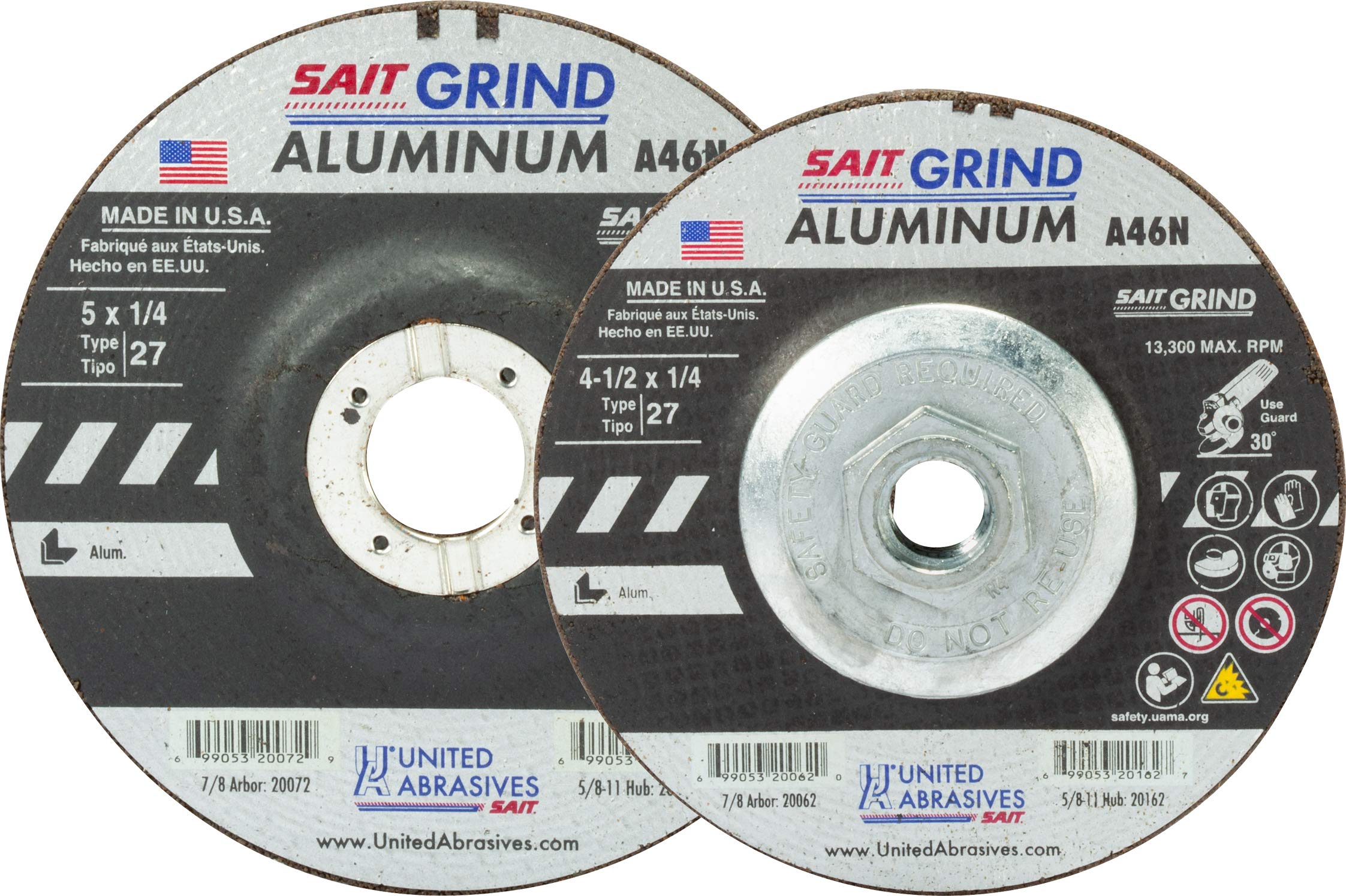 United Abrasives-SAIT 20162 A46N Aluminum Grinding Wheel (Type 27/Depressed Center) 4 1/2" x 1/4" x 5/8-11", 10-Pack